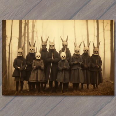 POSTCARD Weird Creepy Vibe Horned Masks Halloween Unusual Strange Cult ...