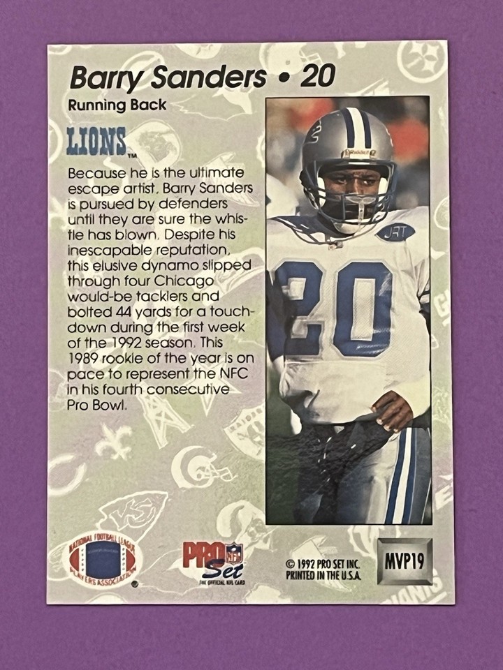 Barry Sanders 1992 Pro Set Most Valuable Player #20 Lions Football Card ...