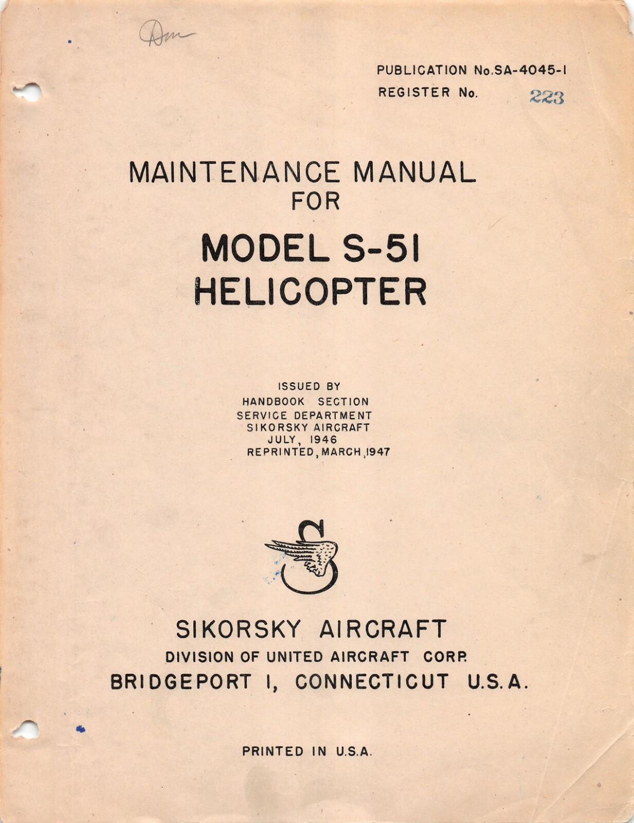 S-51 (R-5) 1947 Sikorsky Helicopter Maintenance Manual Flight Manual ...
