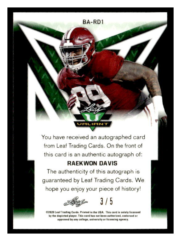 2020 Leaf Valiant #BA-RD1 Raekwon Davis Black AUTOGRAPH /5 | eBay