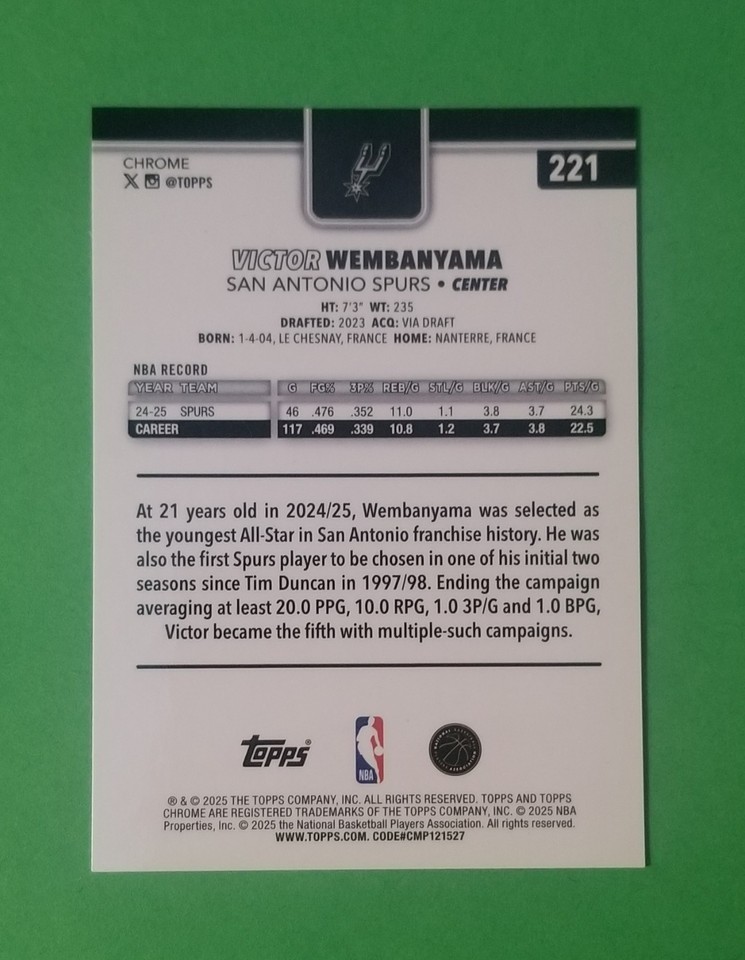VICTOR WEMBANYAMA 2025 Topps Chrome Basketball #221 Red White Blue ...