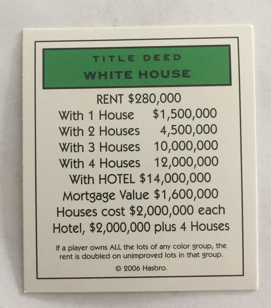 2006 Monopoly White House Deed Card Here Now Edition Title Washington ...