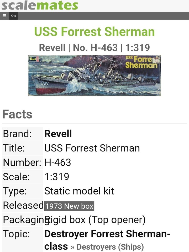1973 Revell Destroyer USS Forrest Sherman 1:319 Scale Kit #H-463 ☆New ...