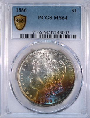 🌈1886 PCGS MS64 Morgan Silver $1 - 🌈Vibrant Rainbow Toning, Spectacular ...