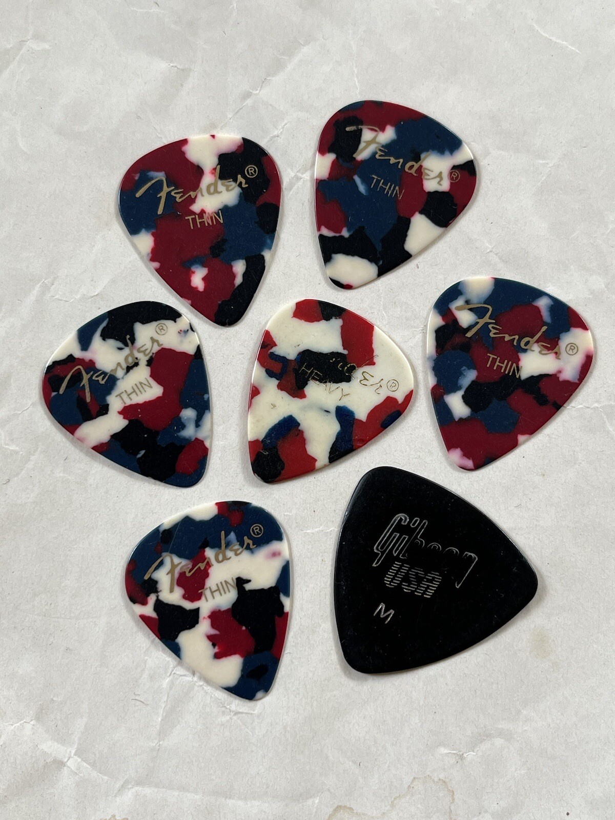 Vtg Lot Guitar Picks Fender Thin & Heavy Red White Blue Confetti ...