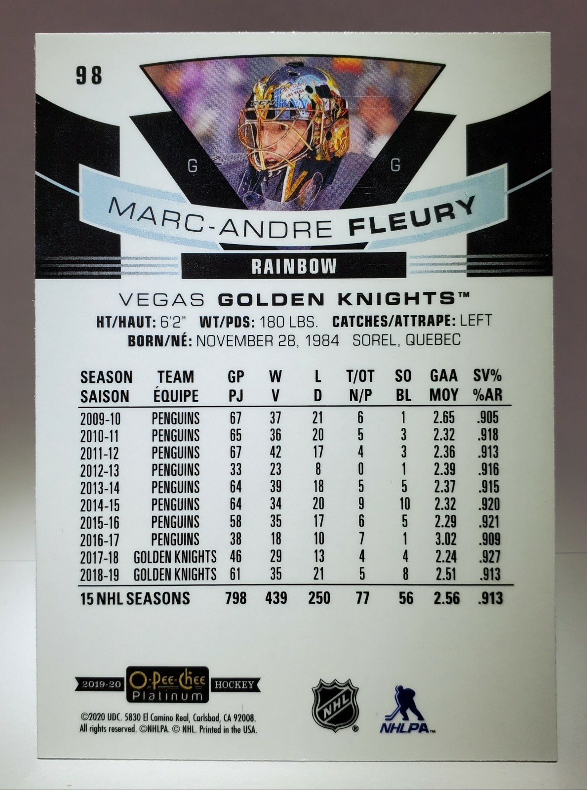 2019-20 O-Pee-Chee Platinum - Rainbow #98 Marc-Andre Fleury for sale ...