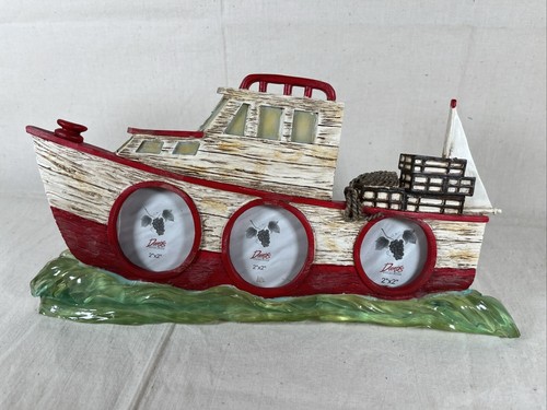 Lobster Boat Nautical Picture Frame Holds 3-2”x2” Photos Resin Frame w ...