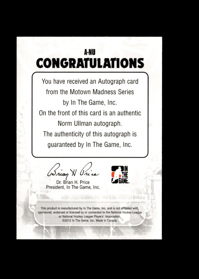 Norm Ullman 2012-13 In the Game Motown Madness - Autographs | eBay