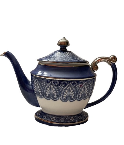 Bombay Co blue & white Arabesque tile 8" tall platinum trim teapot w ...