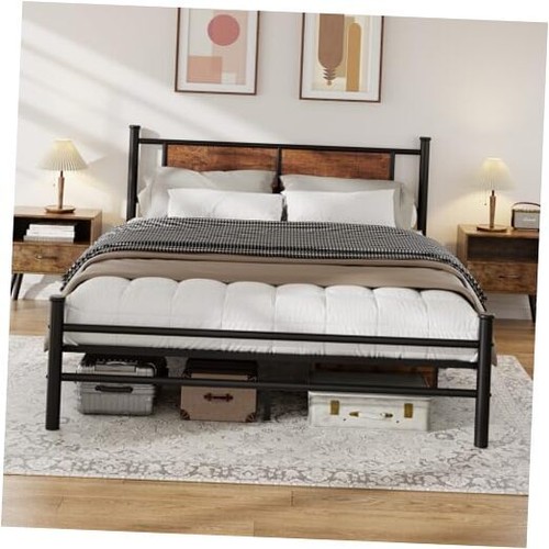Full Size Bed Frame with Rustic Wood Headboard, Full Size Platform Bed ...