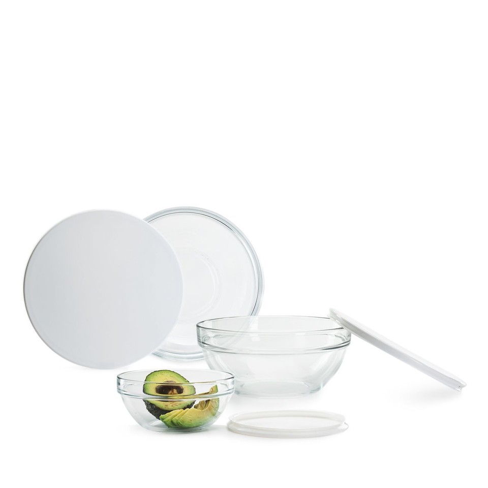 Luminarc Stackable Bowls Set with White Lids, Stand, Clear | eBay