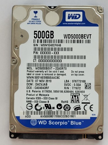 WD5000BEVT-220RT0, DCM: DACVJAB, NOV 2010, Western Digital 500Gb 2.5 ...