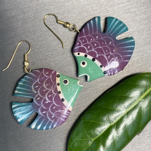 Vintage Earrings Estate Jewelry Pre-Owned Wood Hand-Painted Angel Fish ...