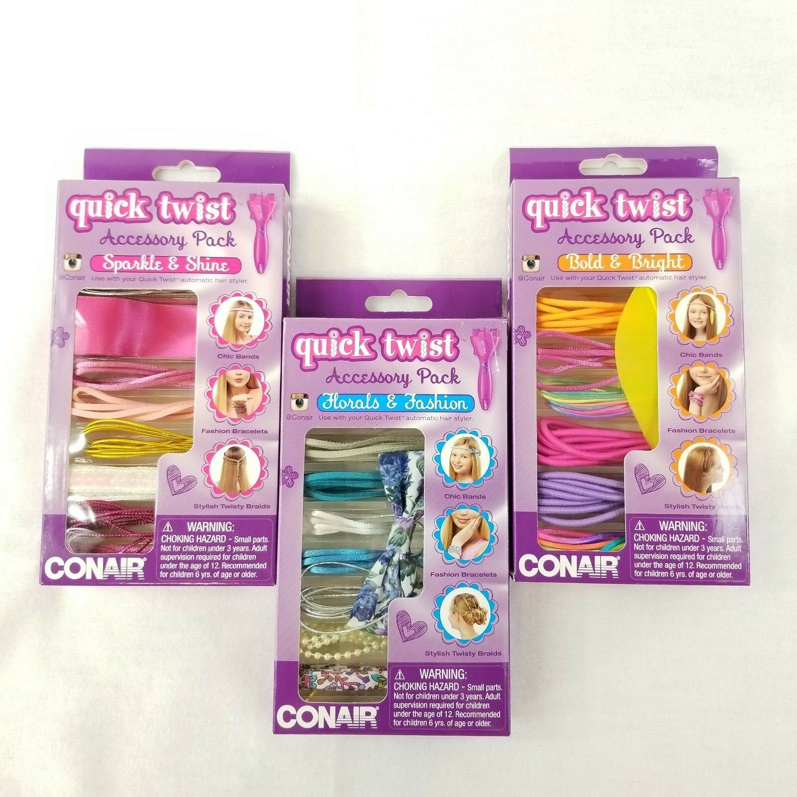 3 CONAIR Quick Twist Hair Braid Accessory Kits Florals Sparkle Bold ...