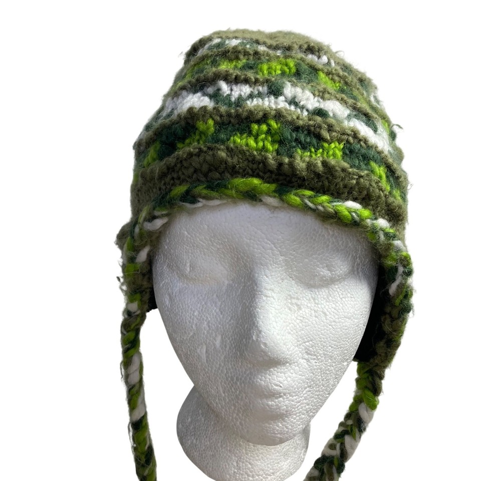Turtle Fur Green Knit Peruvian Hat Adult Ear Flap Tassel Wool Blend ...