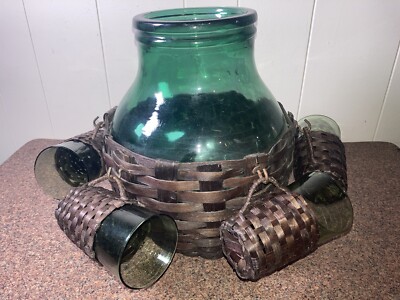 Vintage Sangria Jug & Cups Hand Made Blown Spanish Green Glass Wicker ...