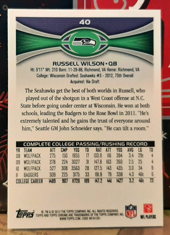 RUSSELL WILSON ROOKIE / 2012 TOPPS CHROME RC #40 ~ SEAHAWKS ~ BRONCOS ...