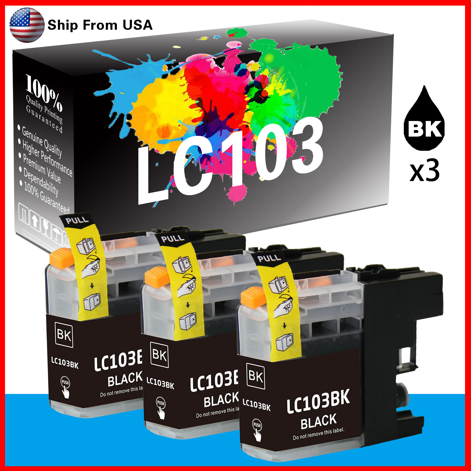 3PK LC103 XL LC103XL Black Ink Cartridge for DCP-J132W DCP-J152W J172W ...