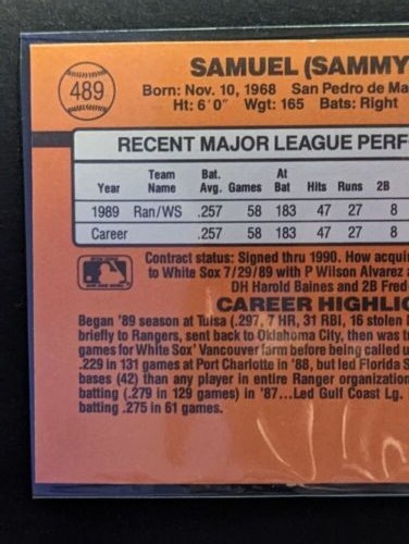 1990 DONRUSS SAMMY SOSA RC CHICAGO WHITE SOX #489 Error, Incorrect DOB ...