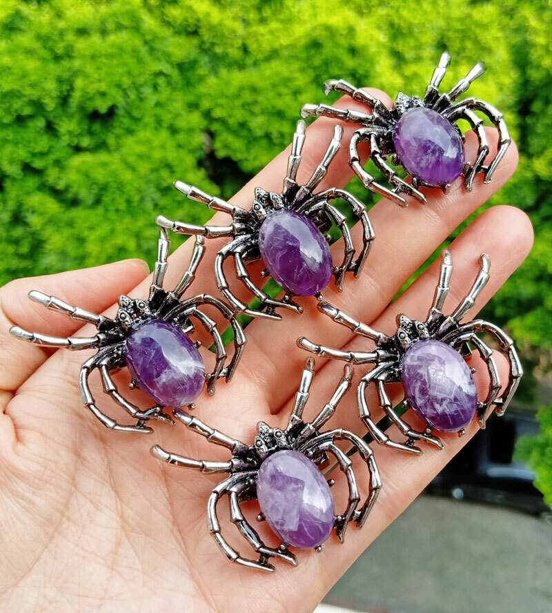 10pcs Amethyst stone Spider Pendants Brooch Chakra Reiki Healing Amulet ...