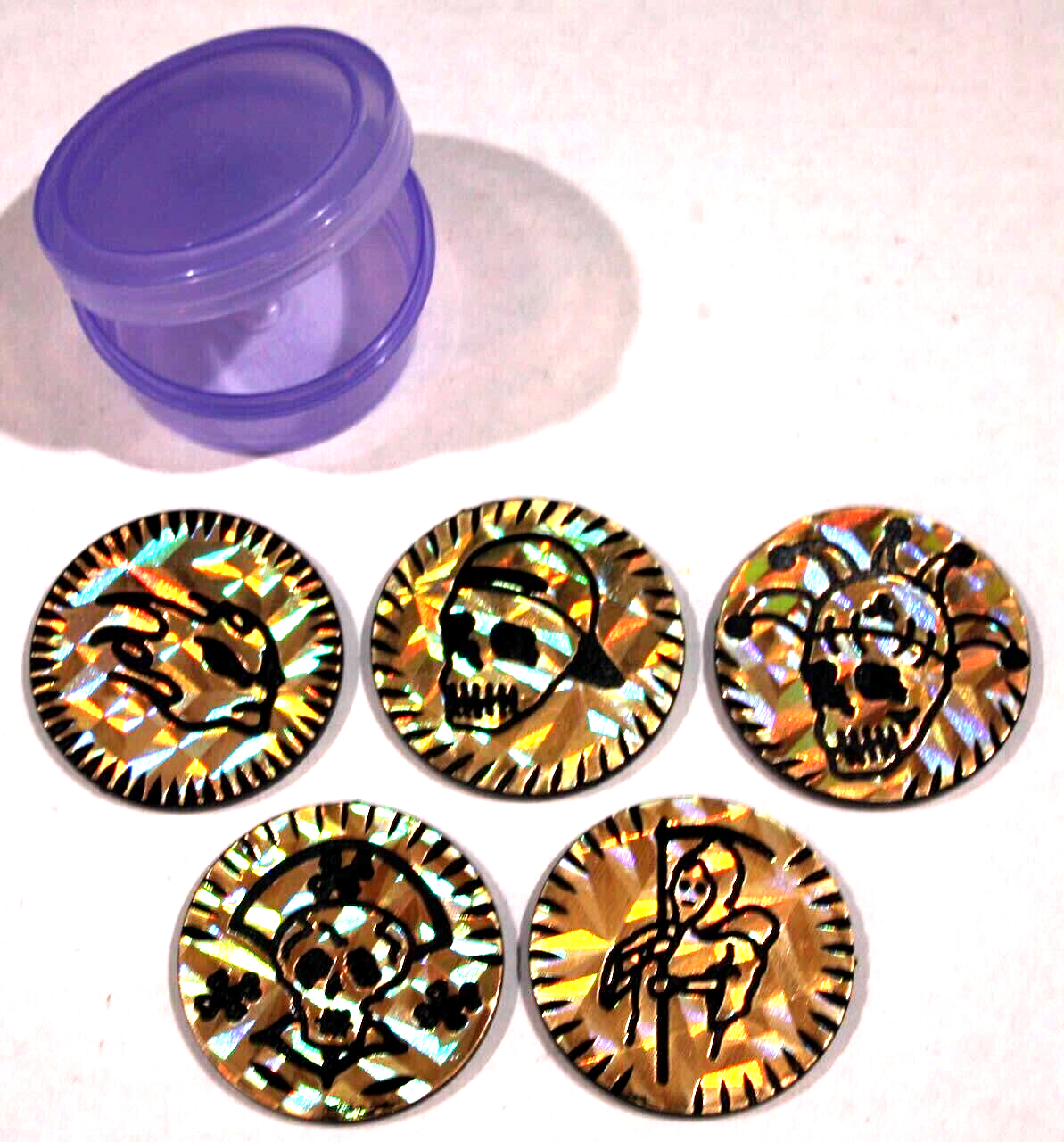 VINT 1994 SPECIAL SET OF 5 VARIOUS GOLD PRISM SKULL POG SLAMMERS & 1 ...