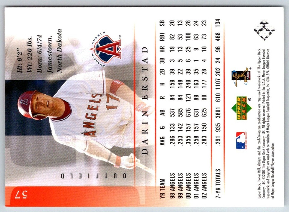 2003 Upper Deck Honor Roll Darin Erstad #57 Anaheim Angels Baseball ...