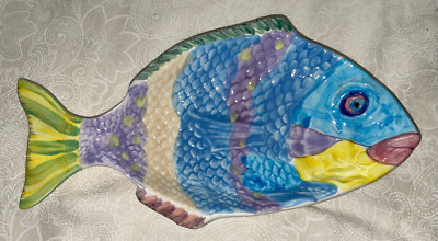 ^MEDITERRANEAN (CHINA) FISH DISH 10 1/4 IN X 6 IN HAND PAINTED pre ...