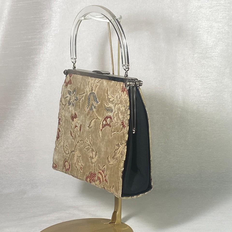 Vintage 60s 3 Way Purse Black Faux Leather Fabric Brocade Lucite Handle ...