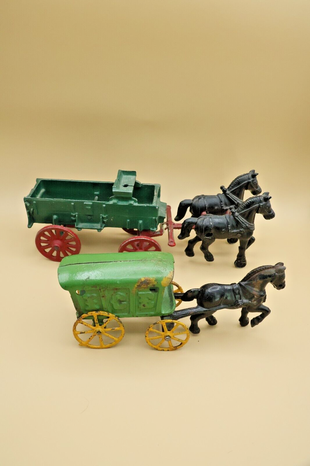 2- Stanley Toy Wagon Horse Team Cast Aluminum 11" + Cast Iron Hubley ...