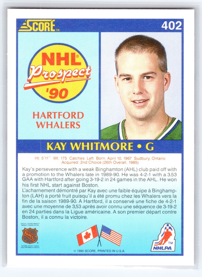 1990 Score Canadian #402 Kay Whitmore Hockey Hartford Whalers Rookie | eBay