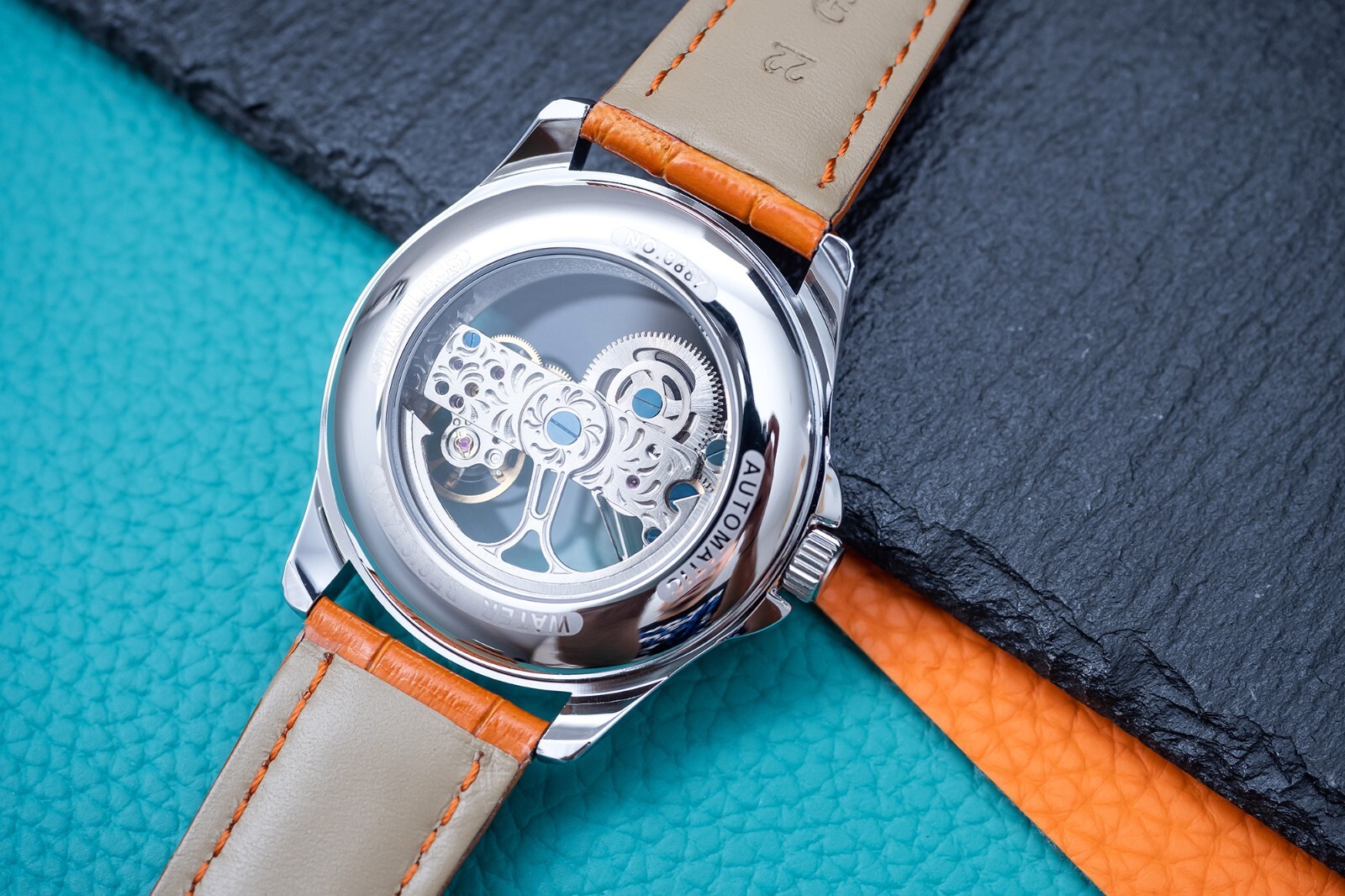 Mens Silver Automatic Mechanical Watch Bridge Rainbow Cubic Orange ...
