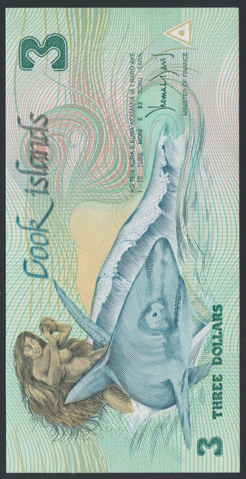 Cook Islands 3$ 1987 Ina and the Shark & Te-Rongo God P3 Prefix AAC UNC ...