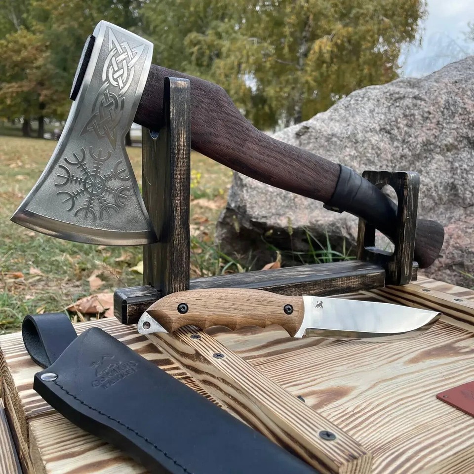 3Pcs Handmade Stainless Steel Axe and Knife Camping Tools Set Barbecue ...
