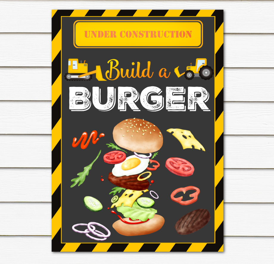 Construction Site Party Sign - Fueling Station, Build a Burger or Cards ...