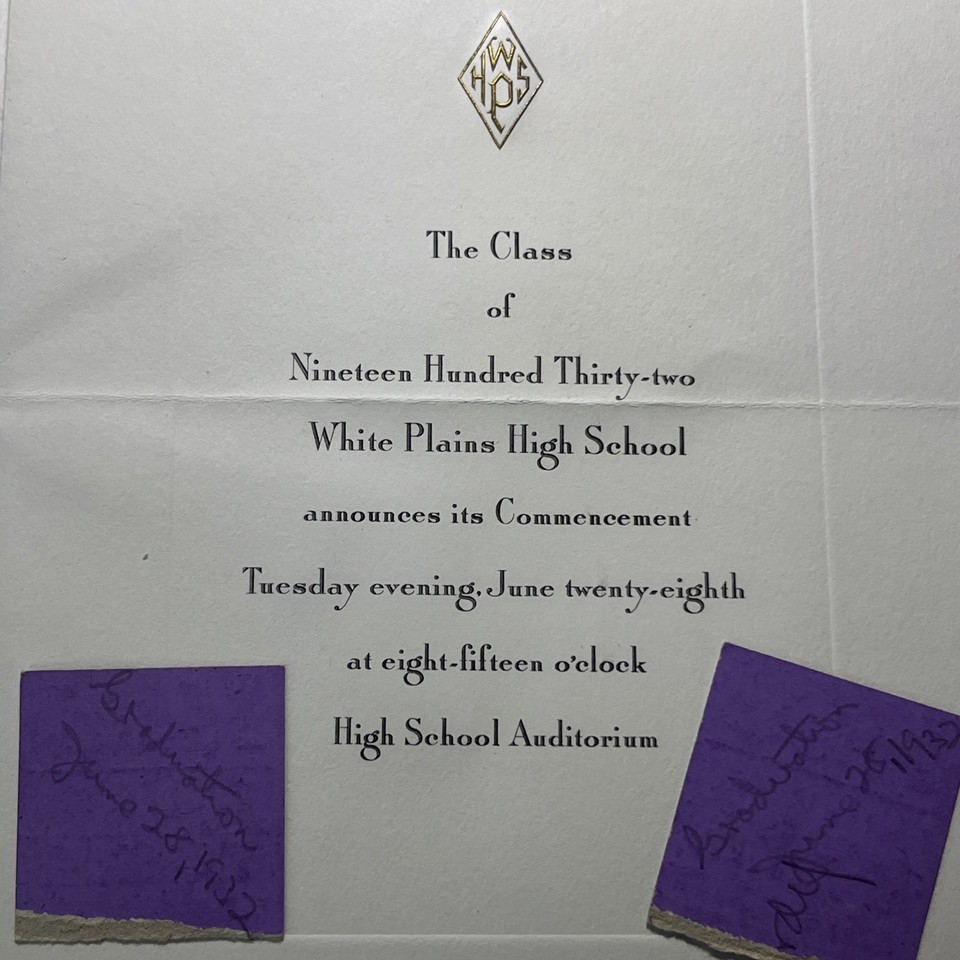 WHITE PLAINS NY Westchester 1932 HIGH SCHOOL GRADUATION Invitation ...