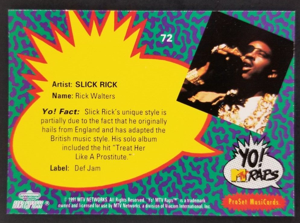 Slick Rick 1991 Yo MTV Rap Music Pro Set Card #72 (NM) | eBay