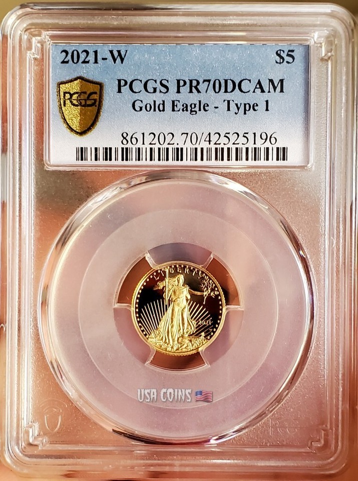 2021-W 1/10 Oz GOLD $5 AMERICAN EAGLE PCGS PR70DCAM Type 1 Gold Shield ...