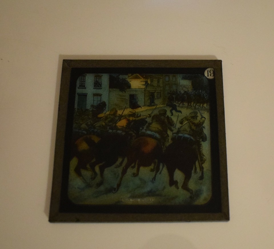 ANTIQUE Magic Lantern Slide CAVALRY CHARGE IN VILLAGE WW1 ILLUSTRATION ...