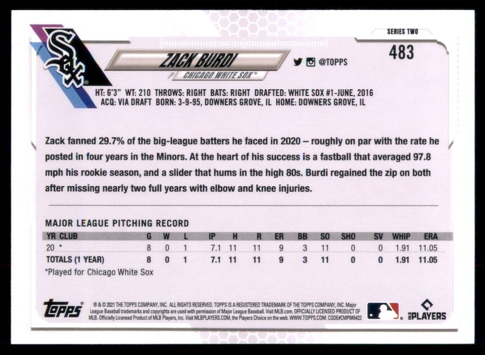 2021 Topps Baseball Card Zack Burdi RC Chicago White Sox #483 TW15370 ...