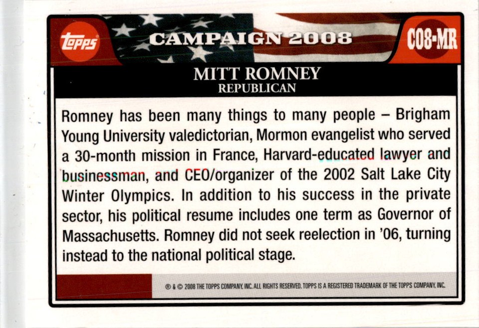 2008 Topps Mitt Romney #C08-MR Campaign 2008 | eBay
