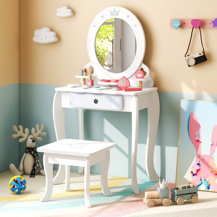 Kids Makeup Table & Chair Set Girl Vanity Storage Drawer Desk W ...