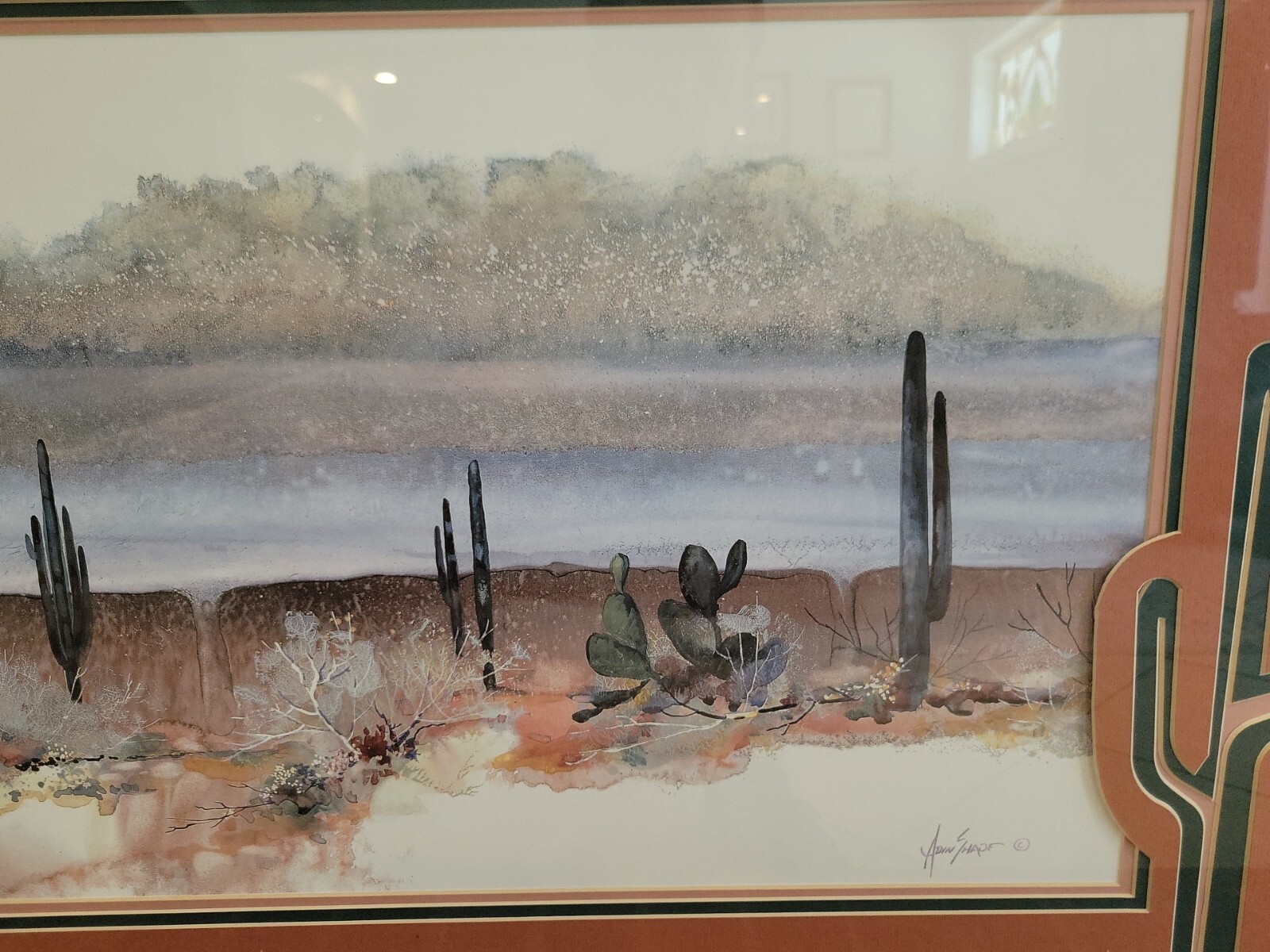 RARE ADIN SHADE Watercolor Print Southwest Saguaro Cactus w/ Triple ...