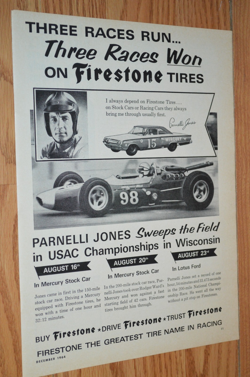 1964 PARNELLI JONES RACING FIRESTONE TIRE ORIGINAL ADVERTISEMENT PRINT ...