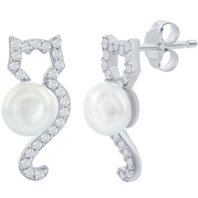Classic Women's Earrings White CZ Cat with Round Pearl Post Back ...