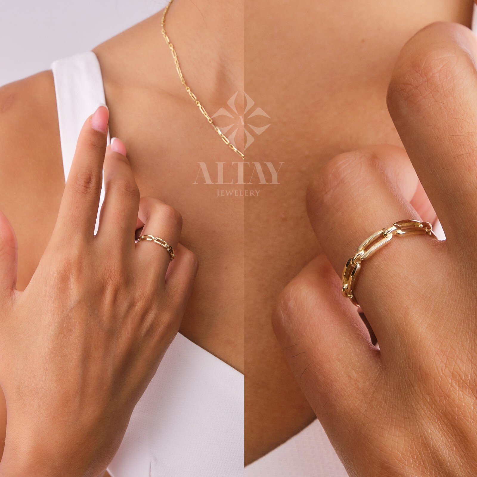 14K Gold Chain Ring, Paperclip Chain Band, Rectangle Long Chain Ring, Stacking | eBay