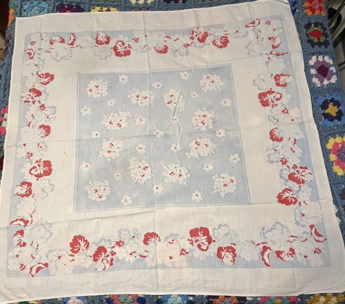 Vintage Tablecloth White Cotton Square Red Blue Floral 44"x44" | eBay