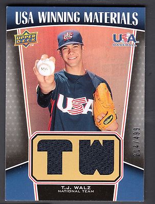 TJ Walz 2009 Upper Deck Team USA Winning Materials Initial Game Worn ...