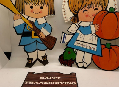Vintage Thanksgiving Decorations Girl Boy Pilgrims Cardboard Wall ...
