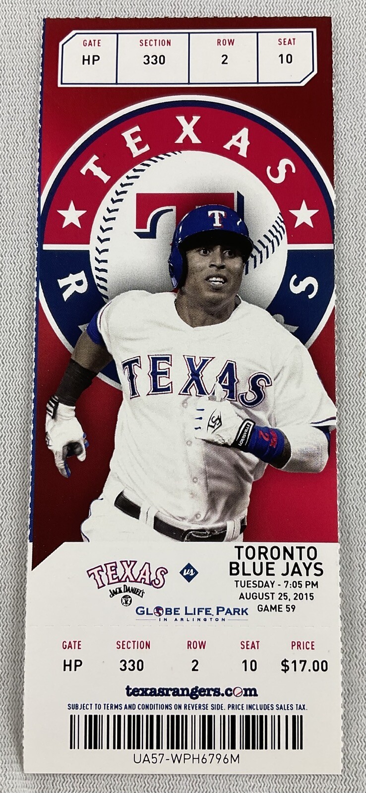 MLB 2015 08/25 Toronto Blue Jays at Texas Rangers Ticket-Jose Bautista ...