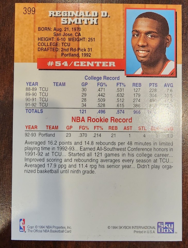 1994 Reggie Smith - NBA Hoops #399 - Portland Trailblazers NM ...